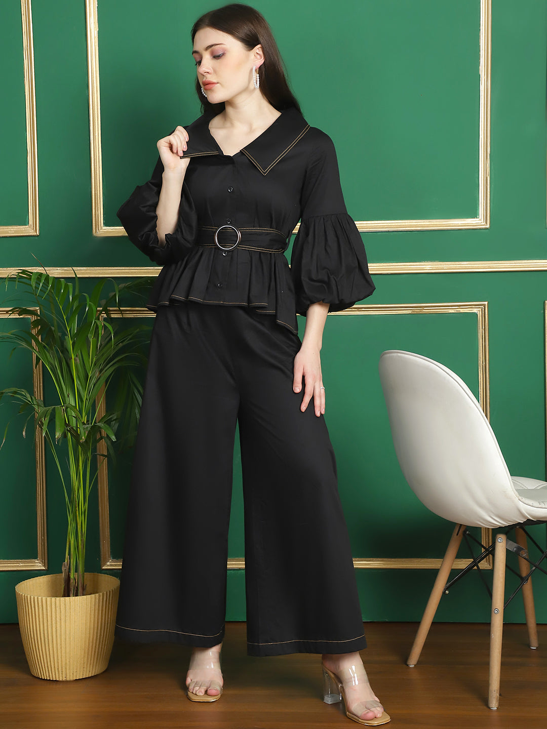 Black Collar Top With Belt coordinated with Trousers