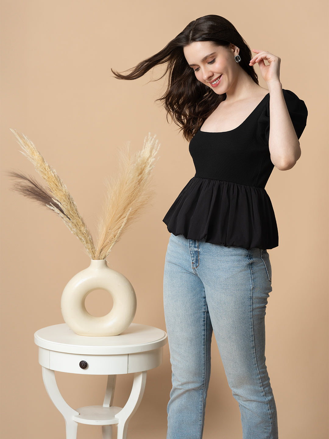 Black Peplum Bubble Top