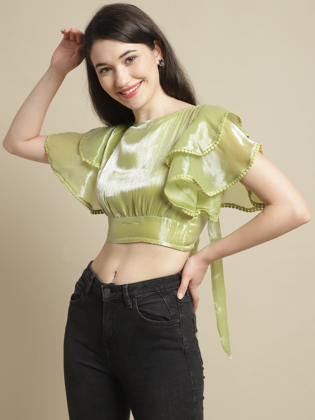 Green Layered Sleeve Crop Top