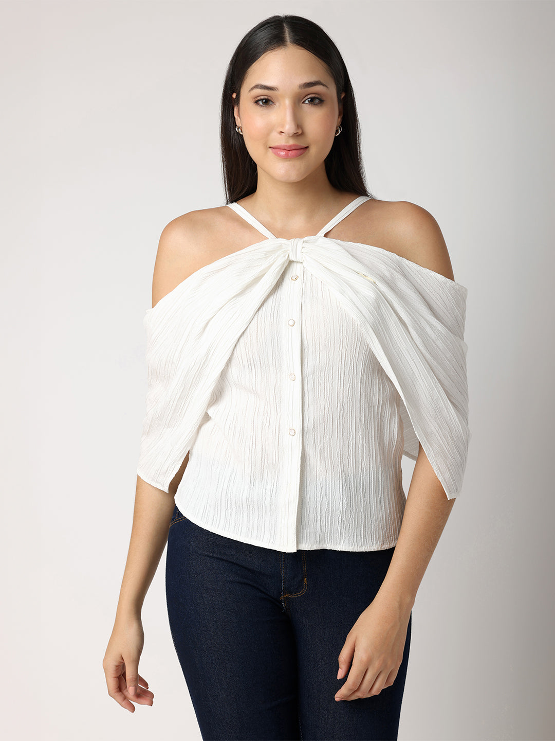 White Halter Neck Front Open Top