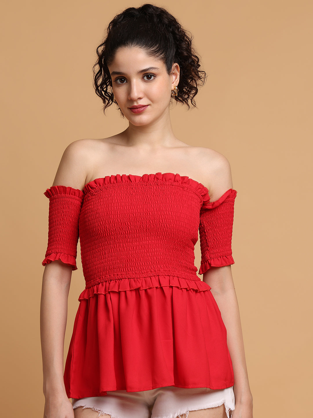 Red Smocking Off-Shoulder Top